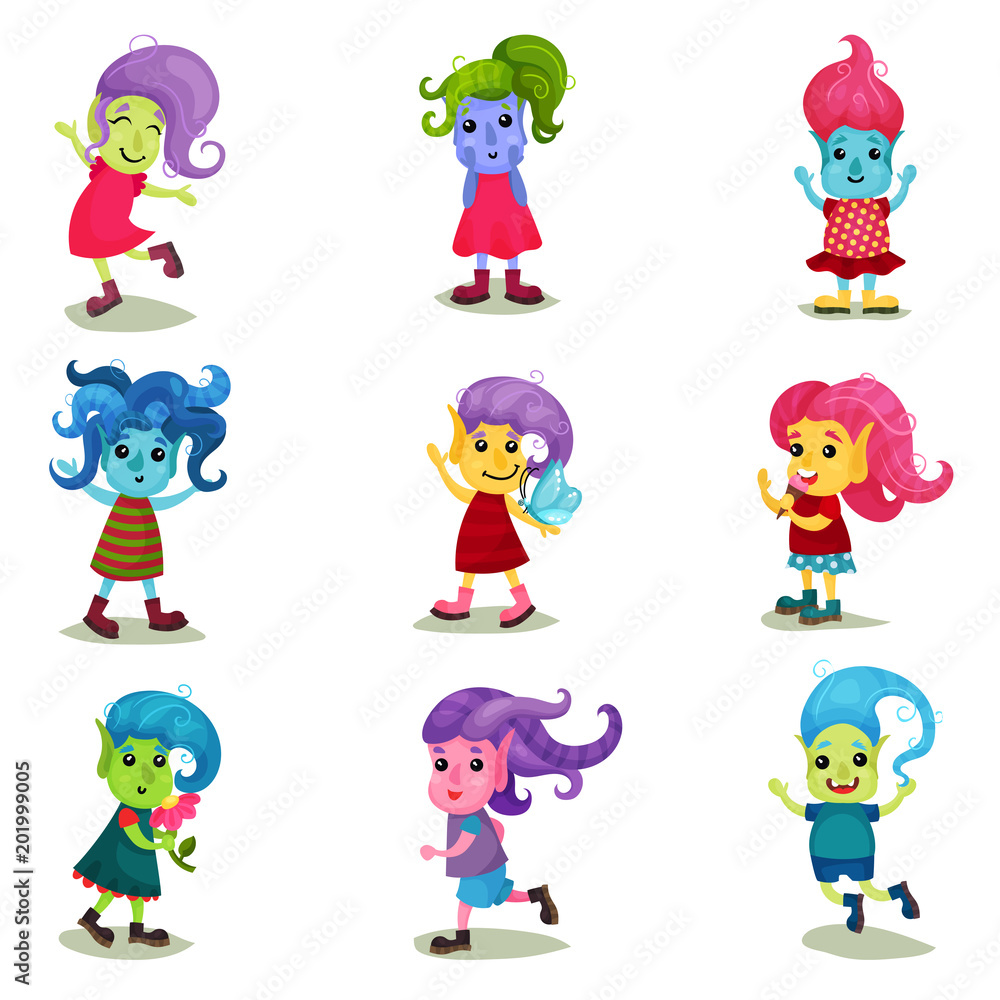 Cute troll characters set, happy creatures with different colors of ...