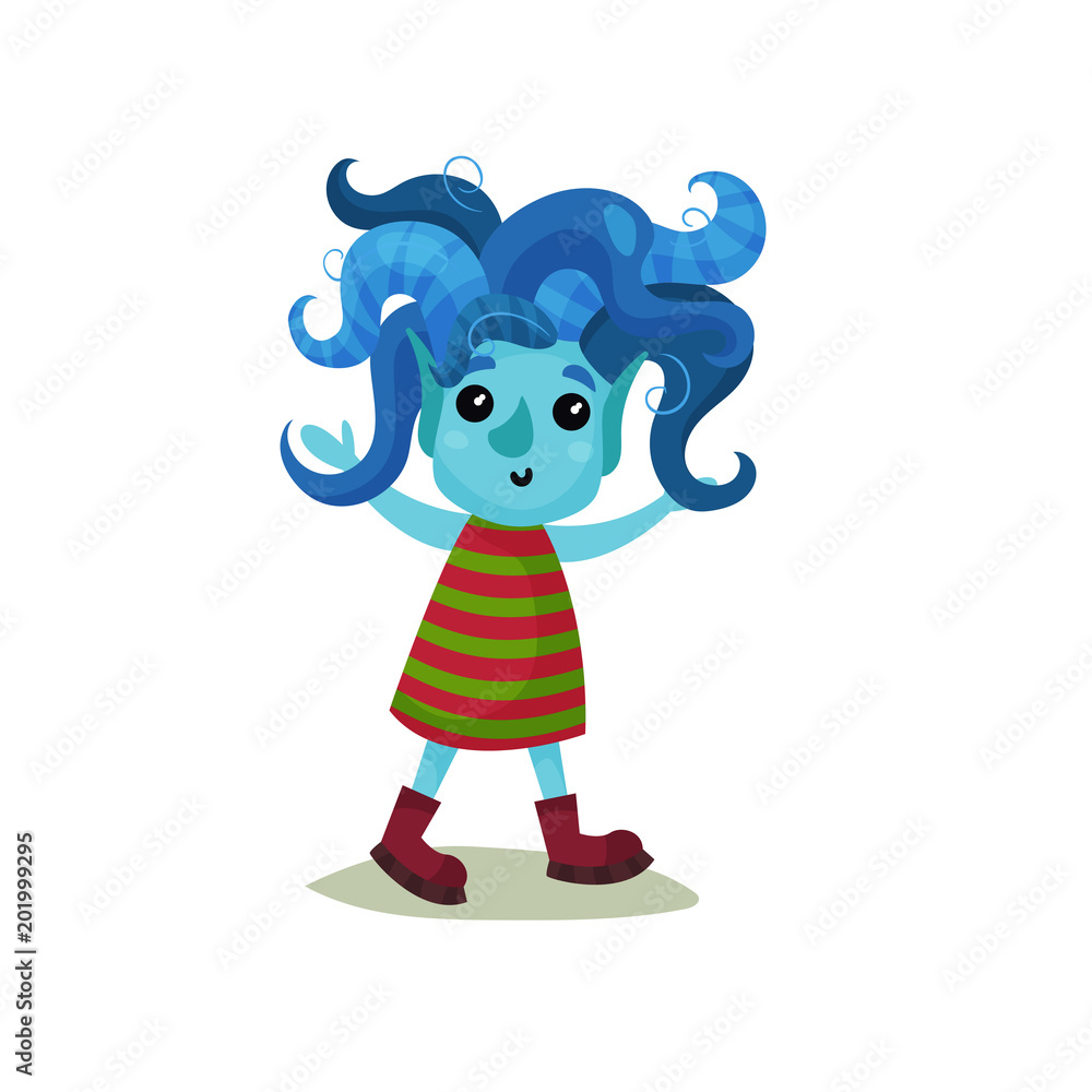 Cute girl troll with blue hair and skin, funny fairy tale character ...