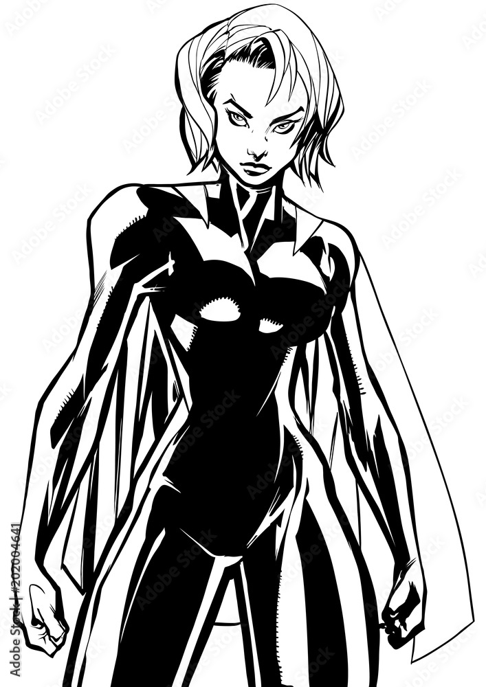Line art illustration of powerful superheroine ready for battle. Stock ...