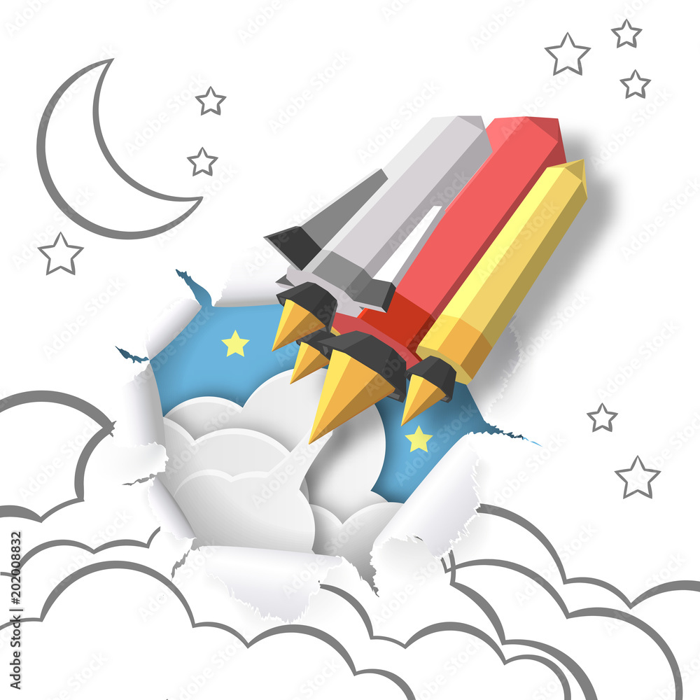 Paper art of space shuttle flying through paper of hand drawing, vector ...