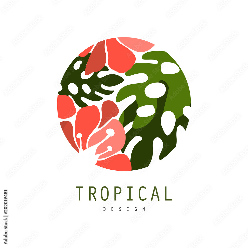 Tropical logo template design, round badge with palm leaves and red ...