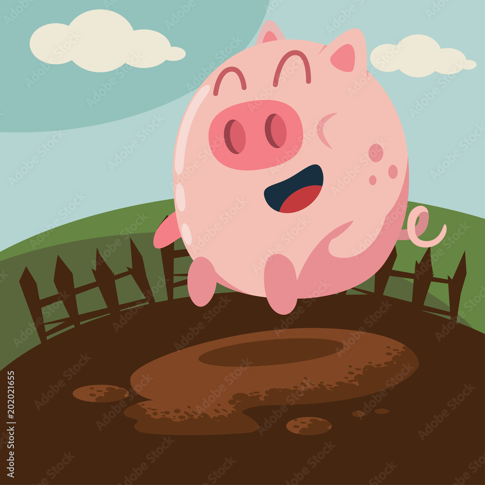 Funny pig jumping in mud puddle vector cartoon illustration. Farm ...