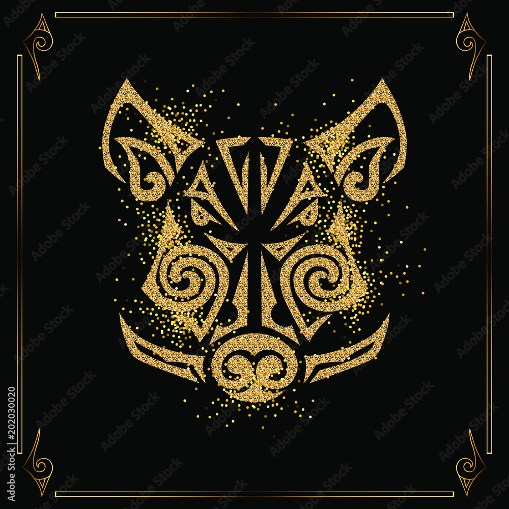 Golden boar, pig head isolated on black background. Symbol of Chinese ...