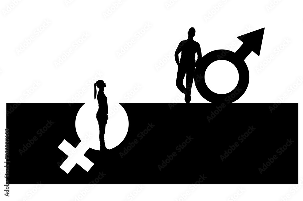 Vector silhouette of a superior man over a woman who stands in a pit ...
