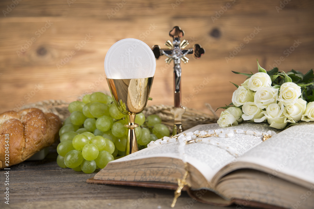 Eucharist symbol of bread and wine, chalice and host, First communion ...