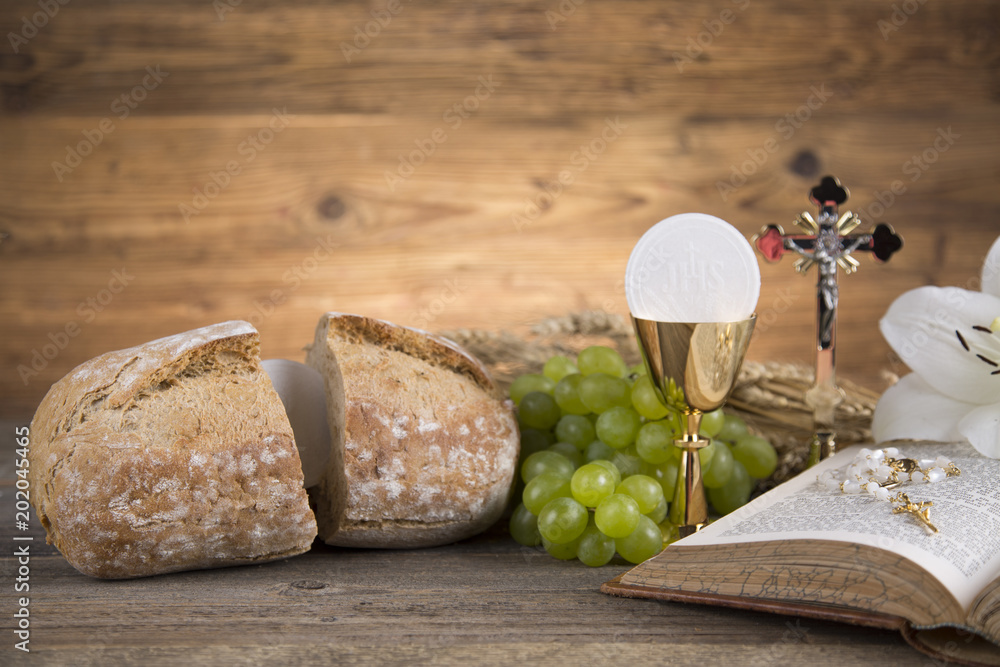 Eucharist symbol of bread and wine, chalice and host, First communion ...