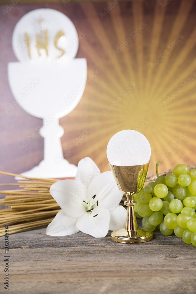 Eucharist symbol of bread and wine, chalice and host, First communion ...