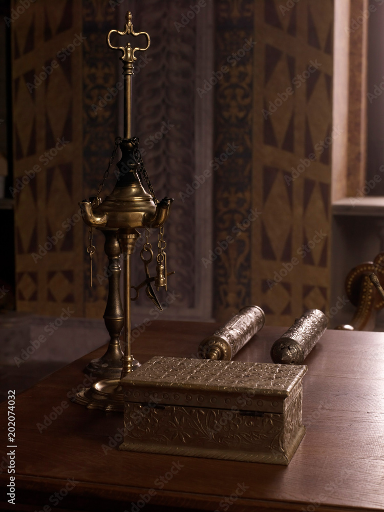 Gold metal objects on tabletop Stock Photo | Adobe Stock