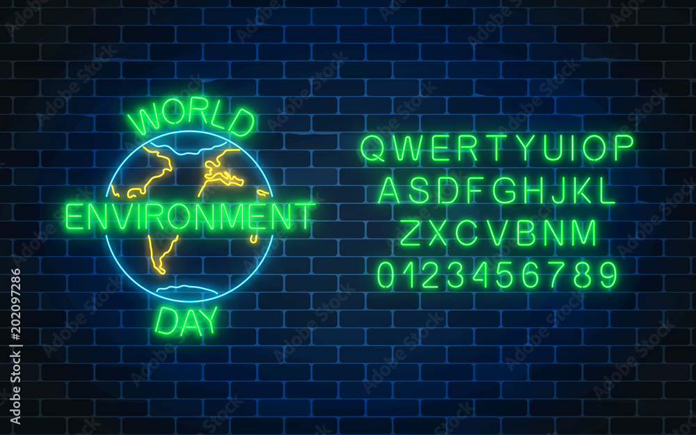 Glowing neon sign of world environment day with globe symbol, greeting ...