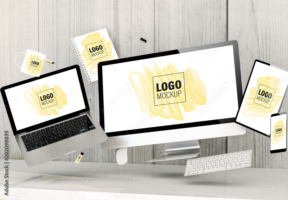 Floating Devices Mockup on Wood Grain Background Stock Template | Adobe ...