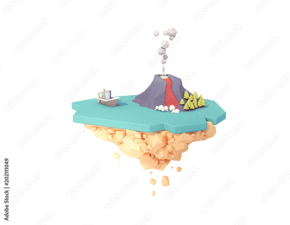 isolated volcanic island on floating island 3d illustration. low poly ...