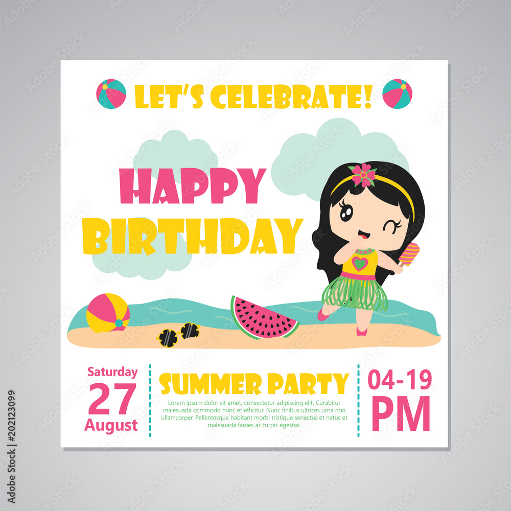 Cute aloha girl on the beach vector cartoon illustration for happy ...