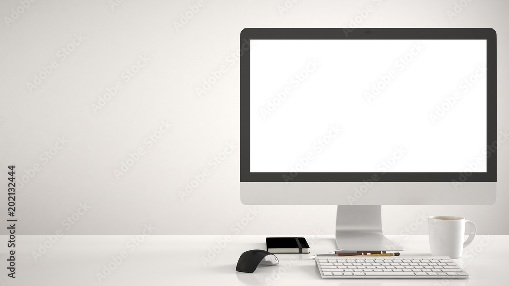 Desktop mockup, template, computer on work desk with blank screen ...