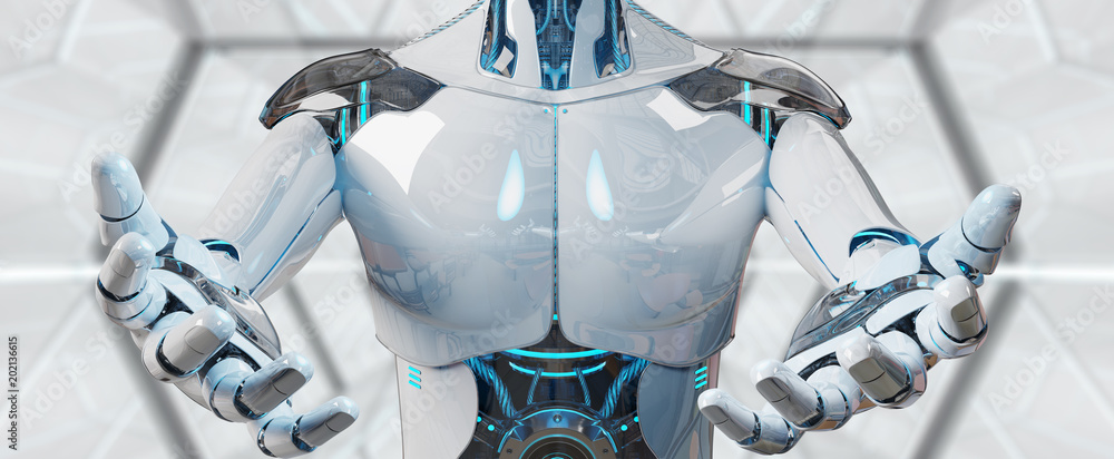 White male cyborg opening his two hands on spaceship background 3D ...