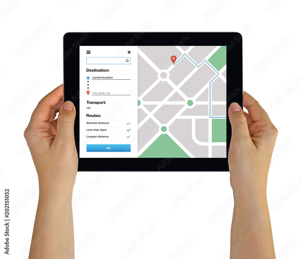 Hands holding digital tablet computer with location tracker concept on ...