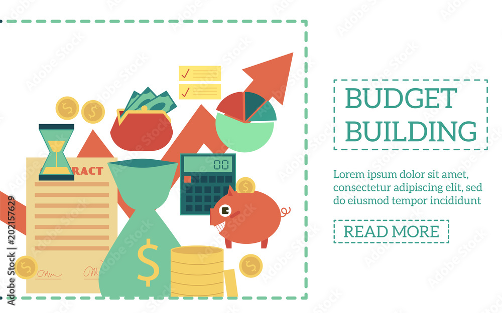 Flat budget building poster template with business finance, banking ...