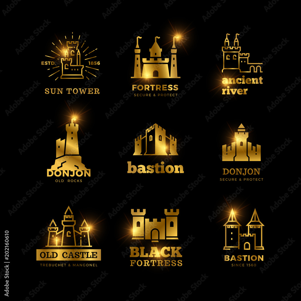 Medieval castle and knight fortress vector ancient royal logo Stock ...