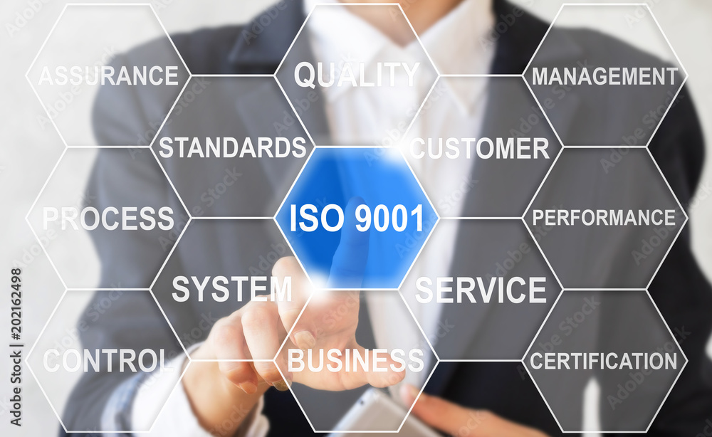 Business girl clicks on a iso 9001 text button surrounded by specific ...