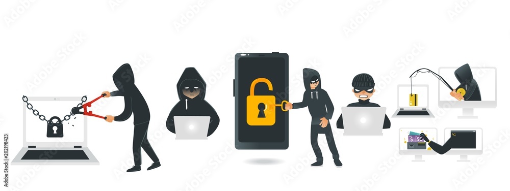 Cartoon hackers hacking devices set. Men in black brake chain of locked ...