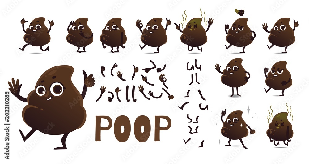 Poop cartoon character creation set with different emotions, body parts ...