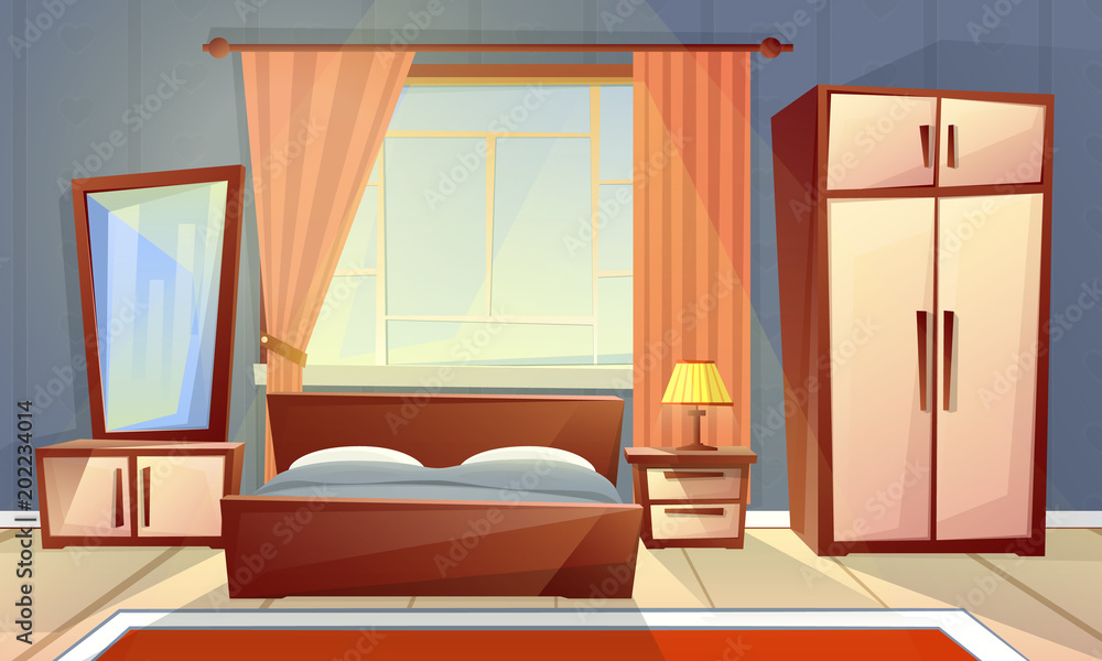 Vector cartoon interior of cozy bedroom with window, living room with ...