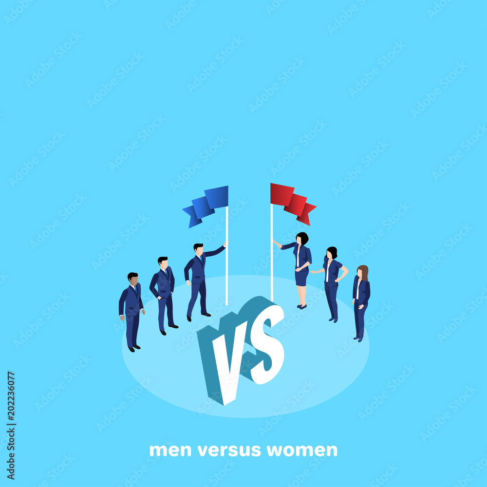 competition between two business teams, men and women in business suits ...