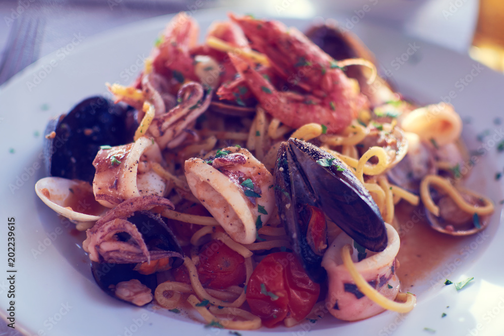 Mediterranean seafood pasta Stock Photo | Adobe Stock