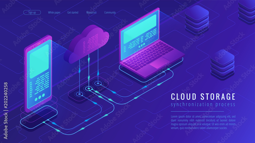 Isometric cloud storage landing page concept. Upload - download ...