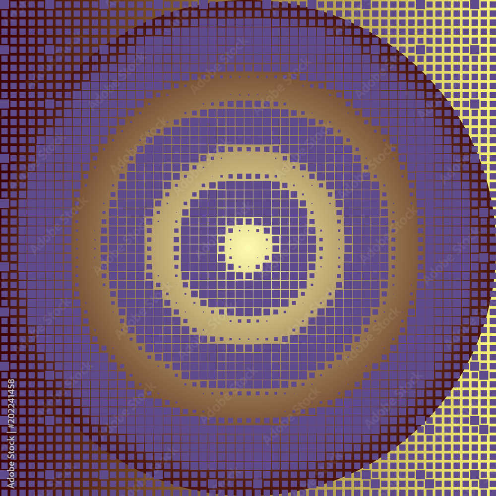 Abstract violet dart board pattern on gold background, square halftone ...