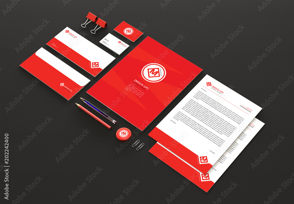 Red Branded Stationery and Accessories Mockup Stock Template | Adobe Stock