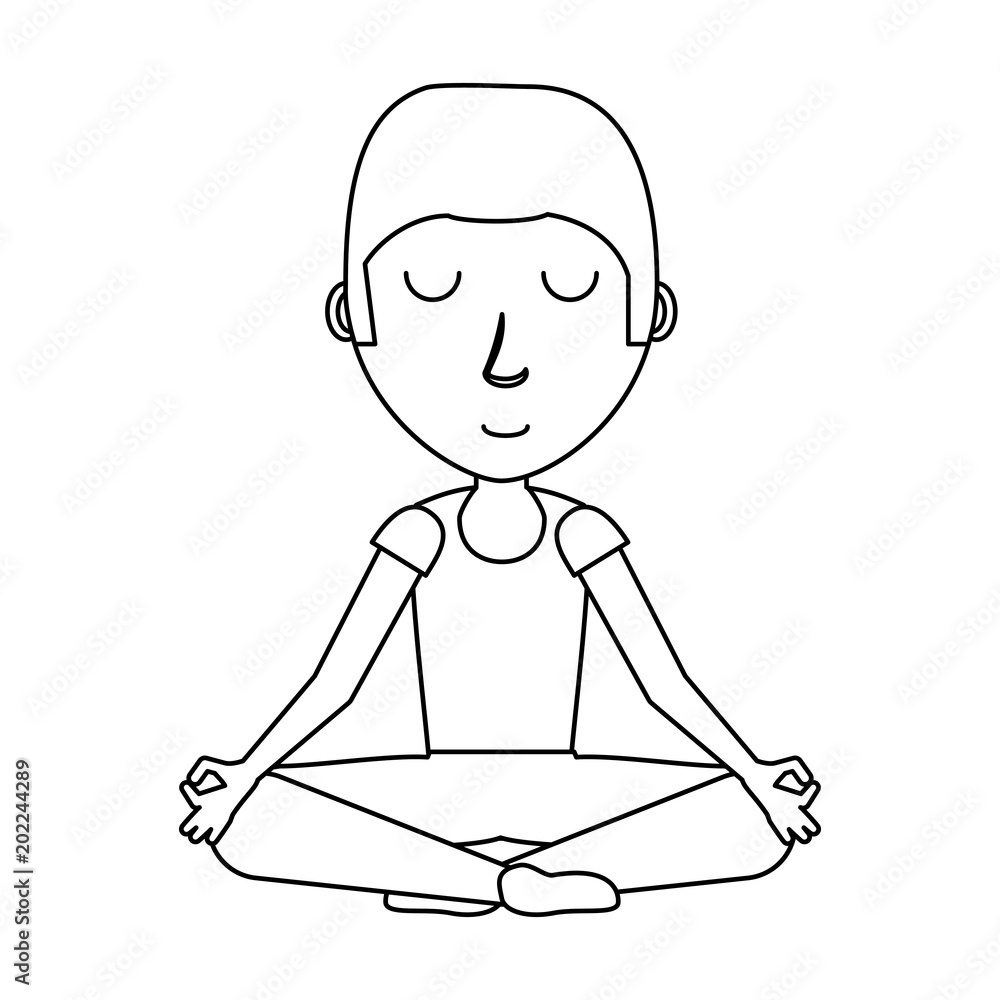 cartoon man doing lotus position over white background, black and white ...