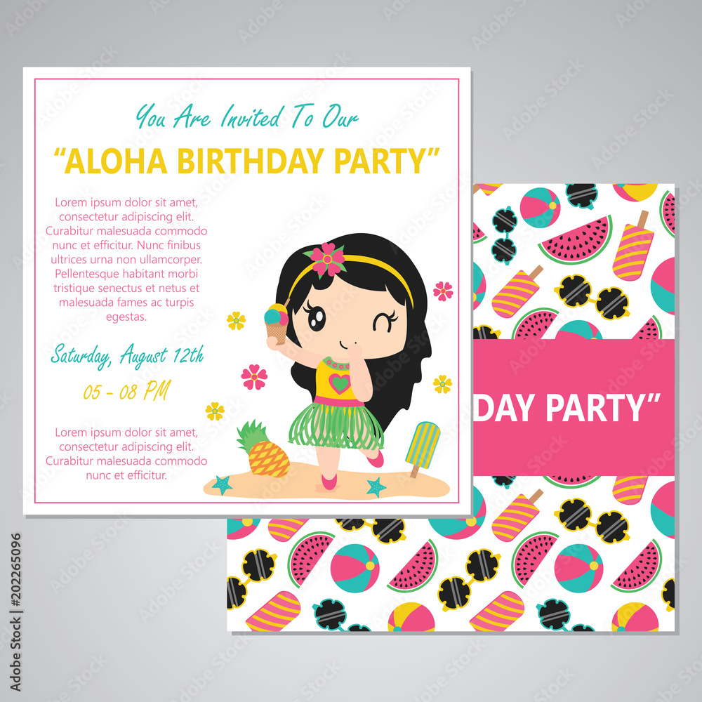 Cute aloha girl party vector cartoon illustration for birthday card ...