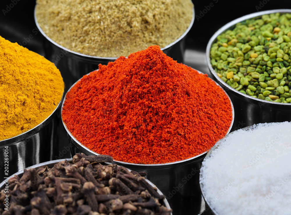 Indian Colorful Spices Also Know as Red Chilli Powder, Turmeric Powder ...