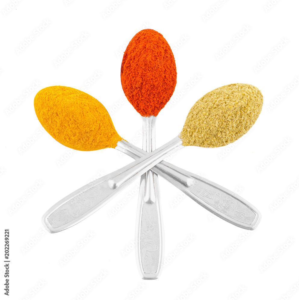 Indian Spices in Spoons Also Know as Red Chilli Powder, Turmeric Powder ...
