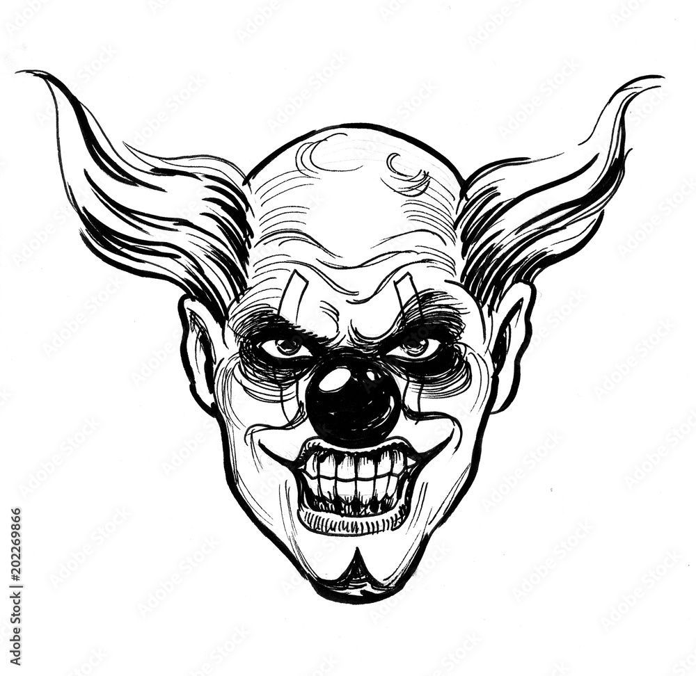 Mad clown face. Ink black and white illustration Stock Illustration ...