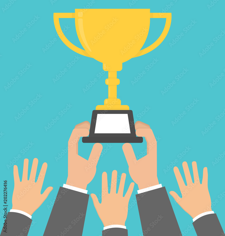 Hand holding and rising up golden trophy while other hands trying to ...