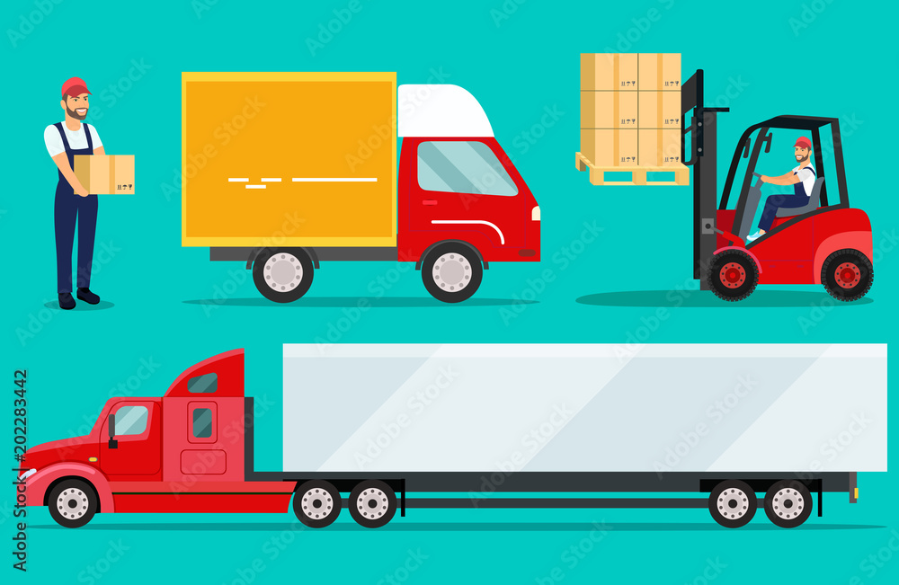 Logistics illustrations set. Workers loading and unloading trucks with ...