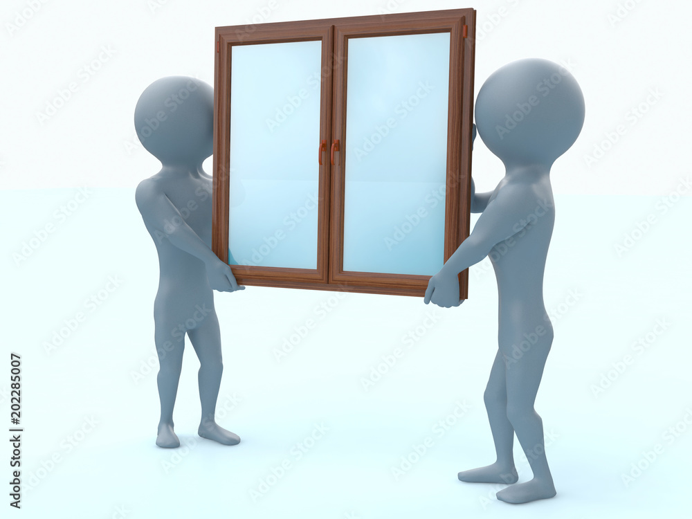 3d small gray person carry a window pane PVC profile laminated wood ...