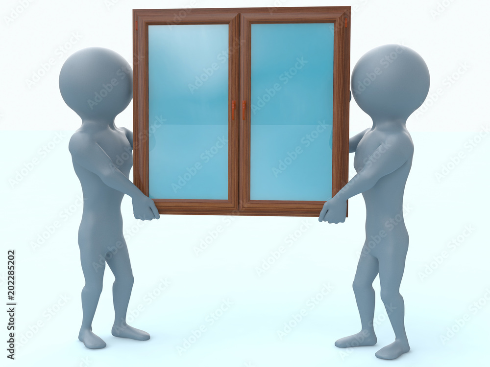 3d small gray person carry a window pane PVC profile laminated wood ...