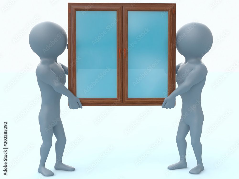 3d small gray person carry a window pane PVC profile laminated wood ...