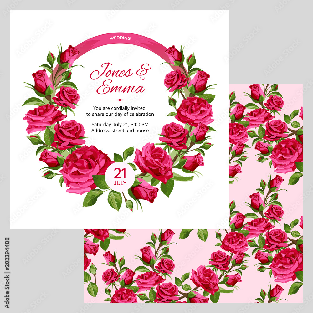 Cover of wedding invitation and seamless pattern. Pink Roses on White ...