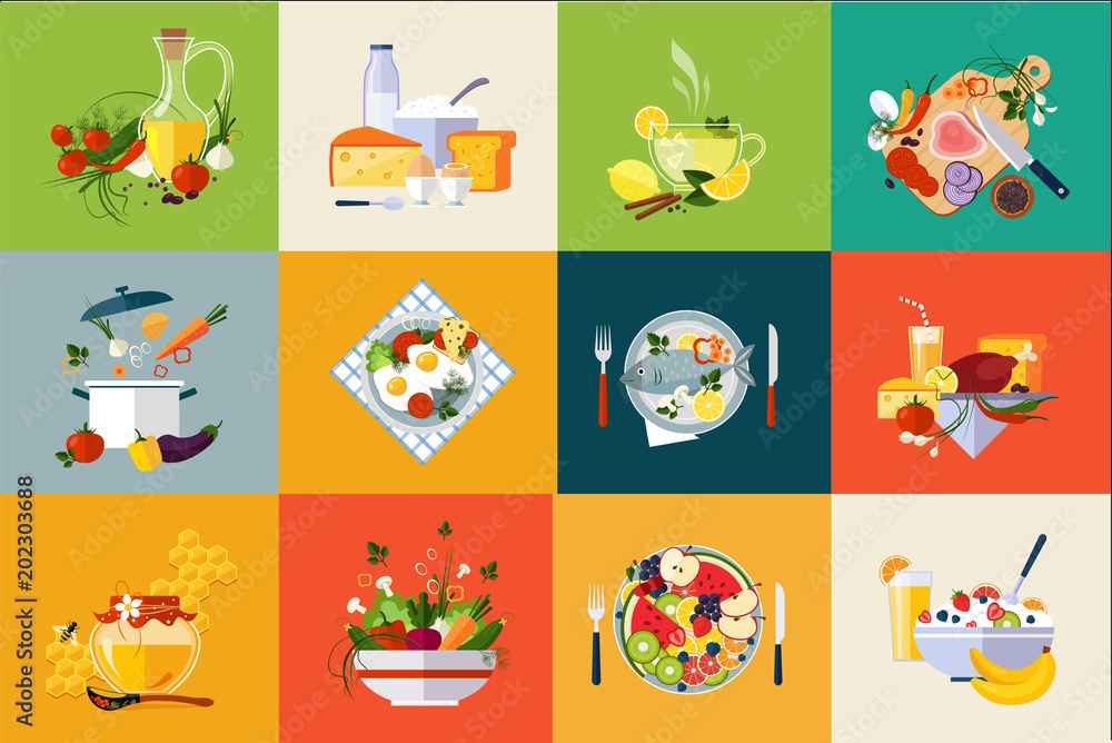 Flat vector set of dishes and beverages. Fresh vegetables and fruits ...