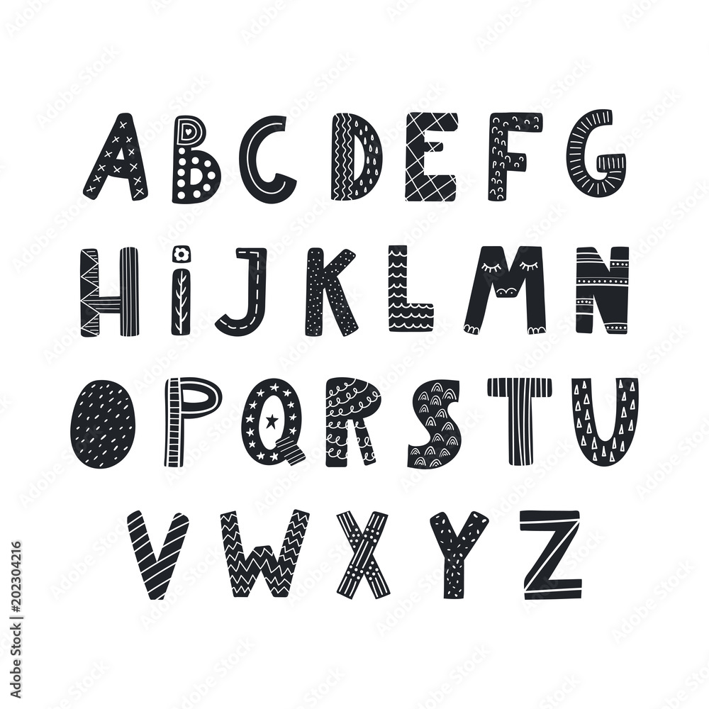 Hand drawn latin alphabet in Scandinavian style with decorative ...