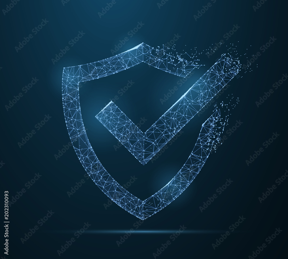 Check mark on shield . Polygonal wireframe mesh art. Security, safe ...