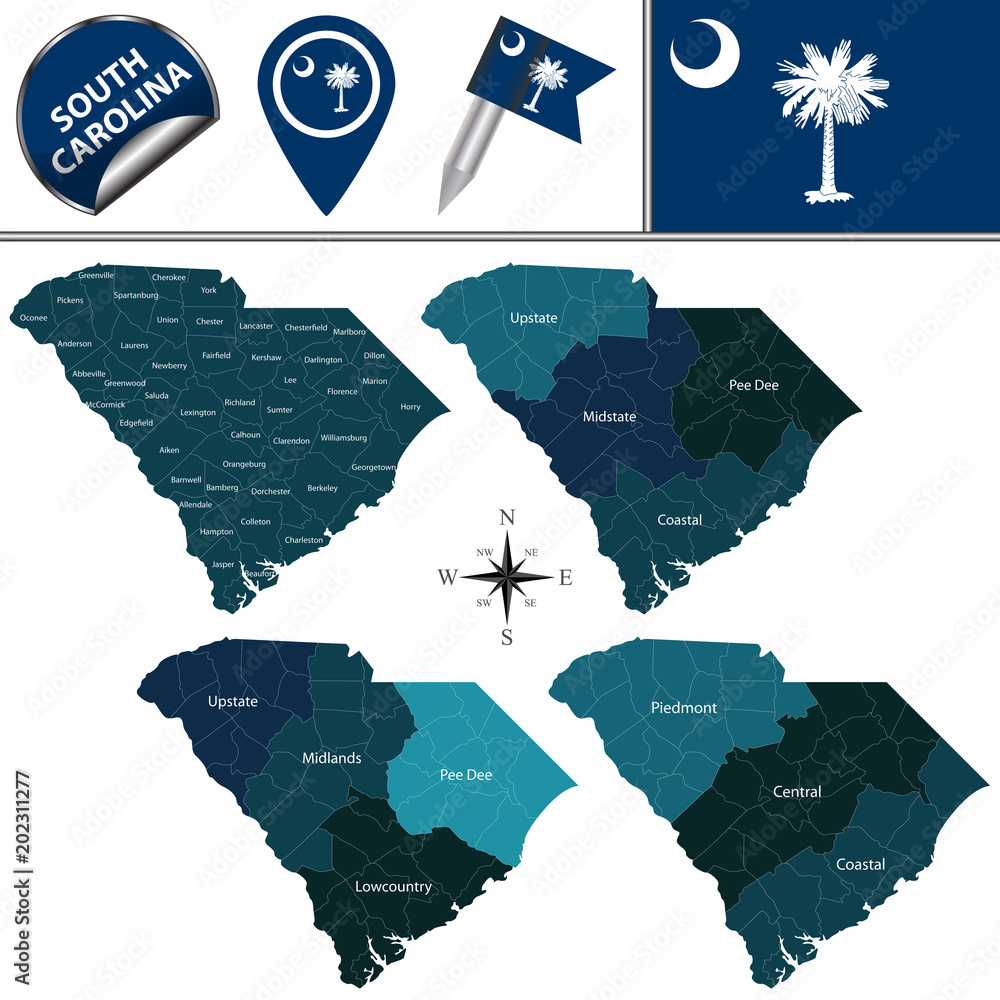 Map of South Carolina with Regions Stock Vector | Adobe Stock