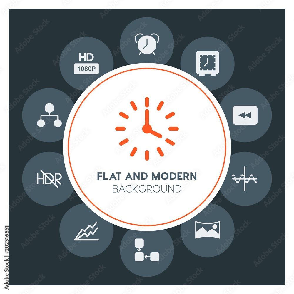 charts, video, photos, time Infographic Circle fill Icons Set. Contains ...