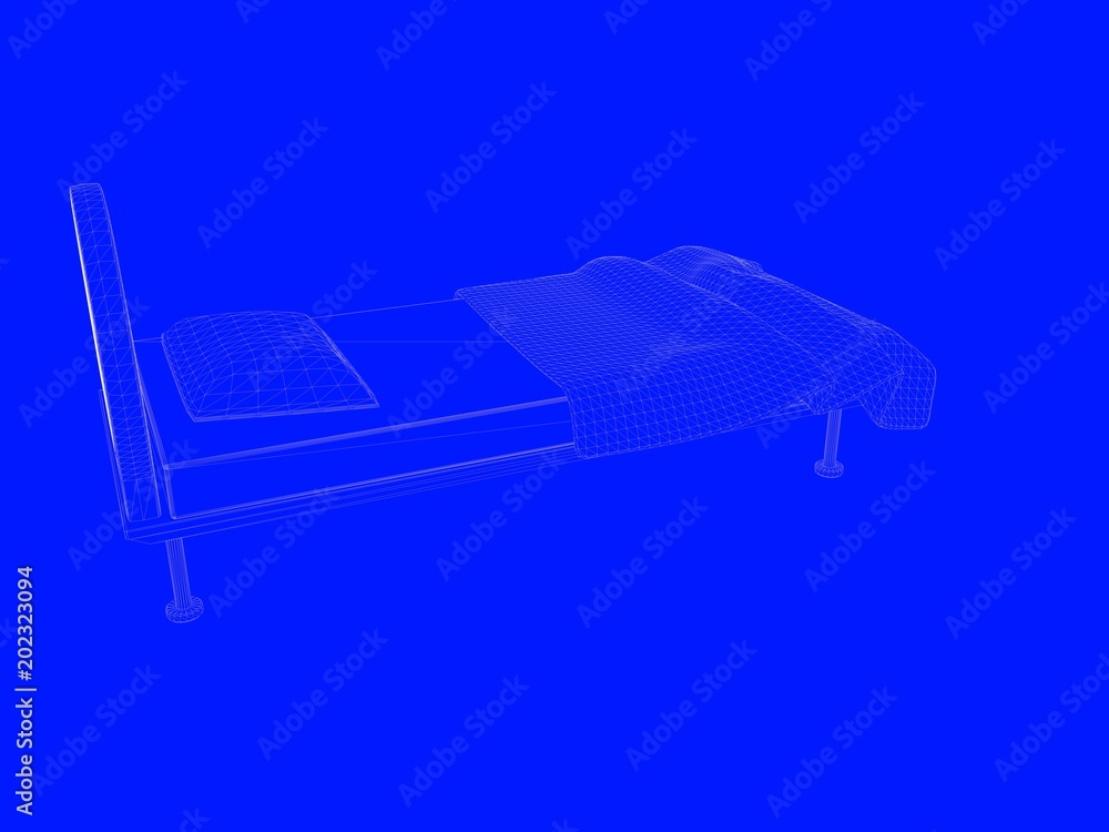 3d rendering of a bed blueprint as lines on a blue background Stock ...