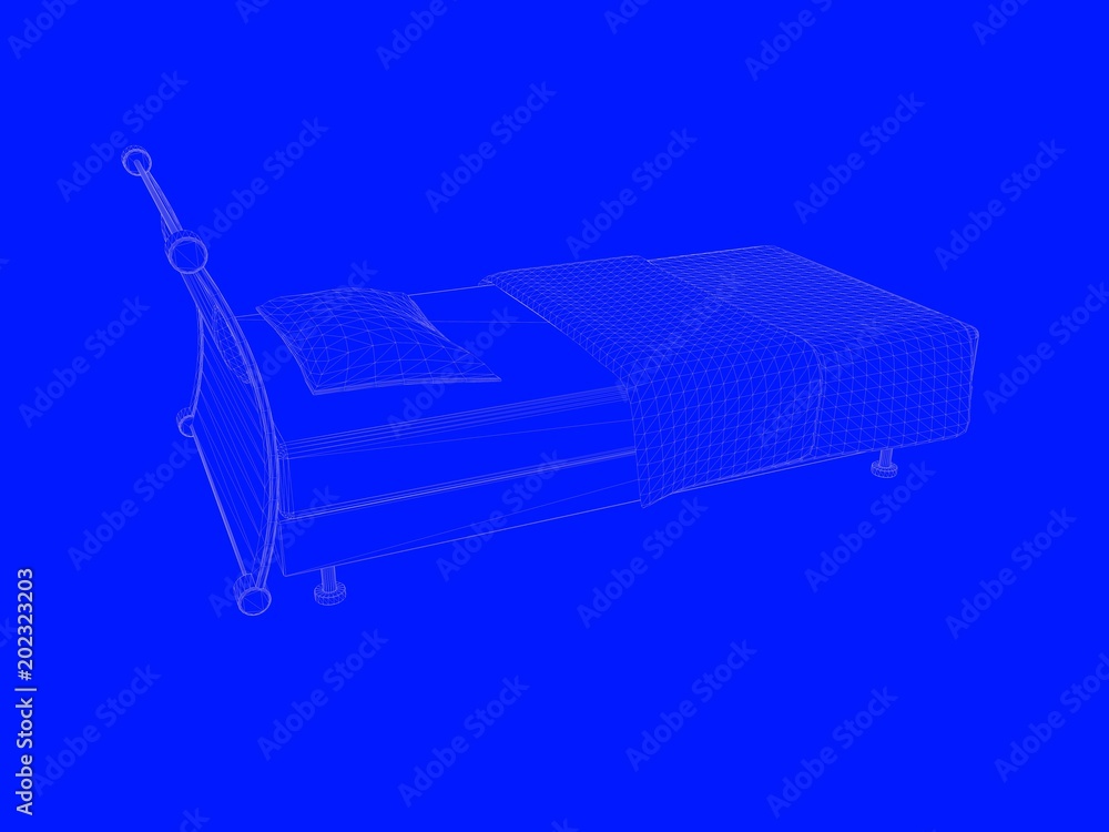 3d rendering of a bed blueprint as lines on a blue background Stock ...