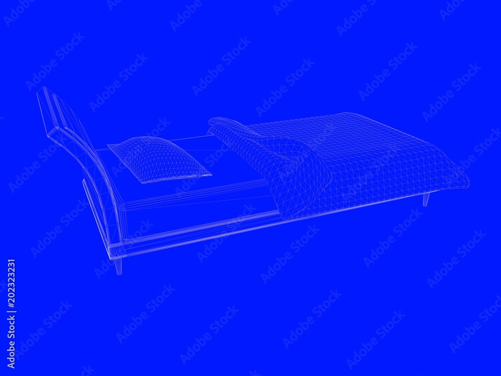 3d rendering of a bed blueprint as lines on a blue background Stock ...