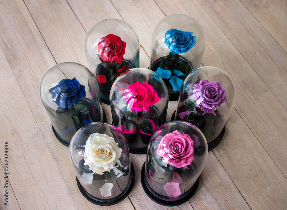 Roses in a flask under the glass. As a gift for the holiday. Stock ...
